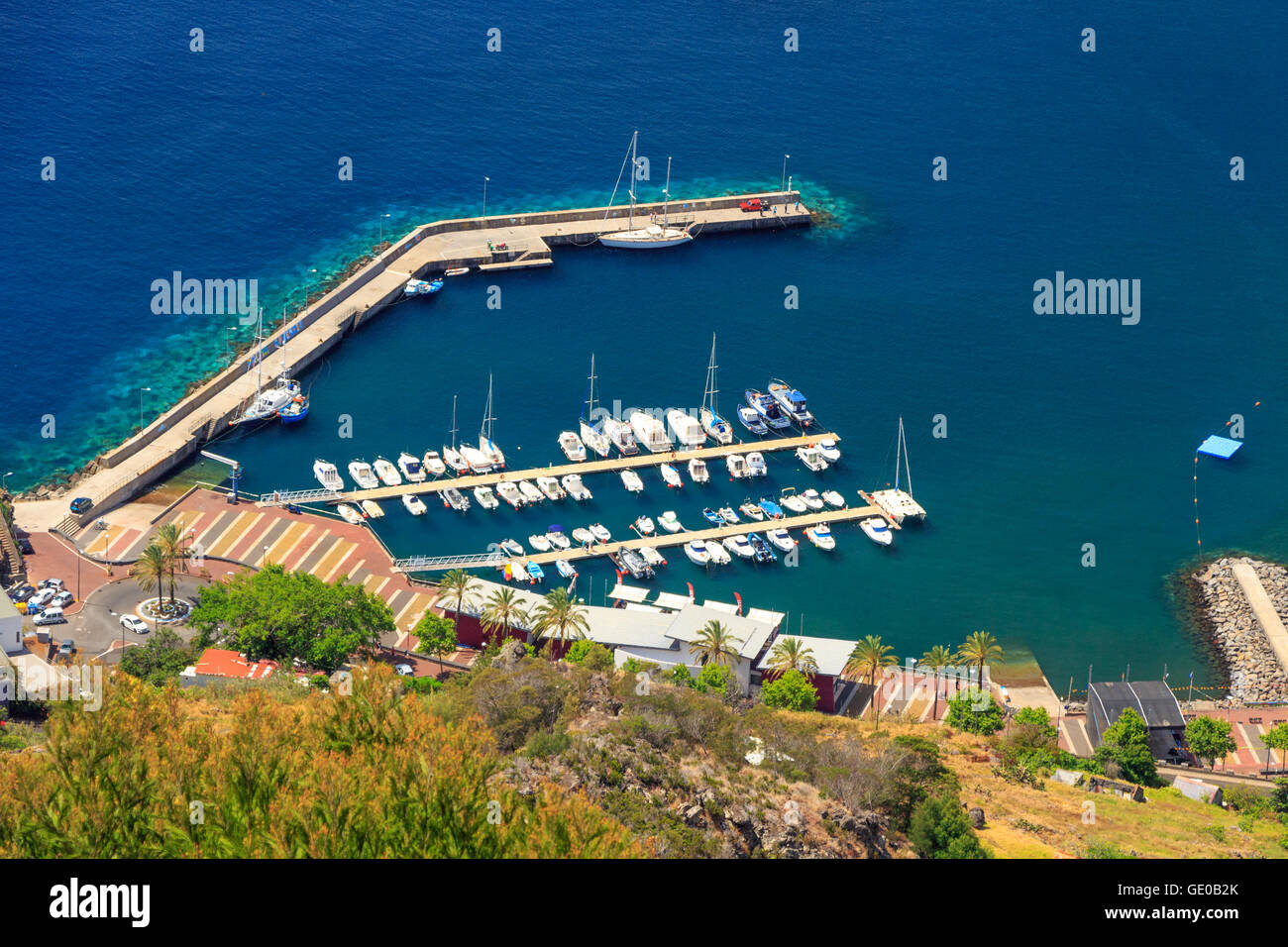 Aerial view of Machico harbor at Madeira Island, Portugal Stock Photo ...