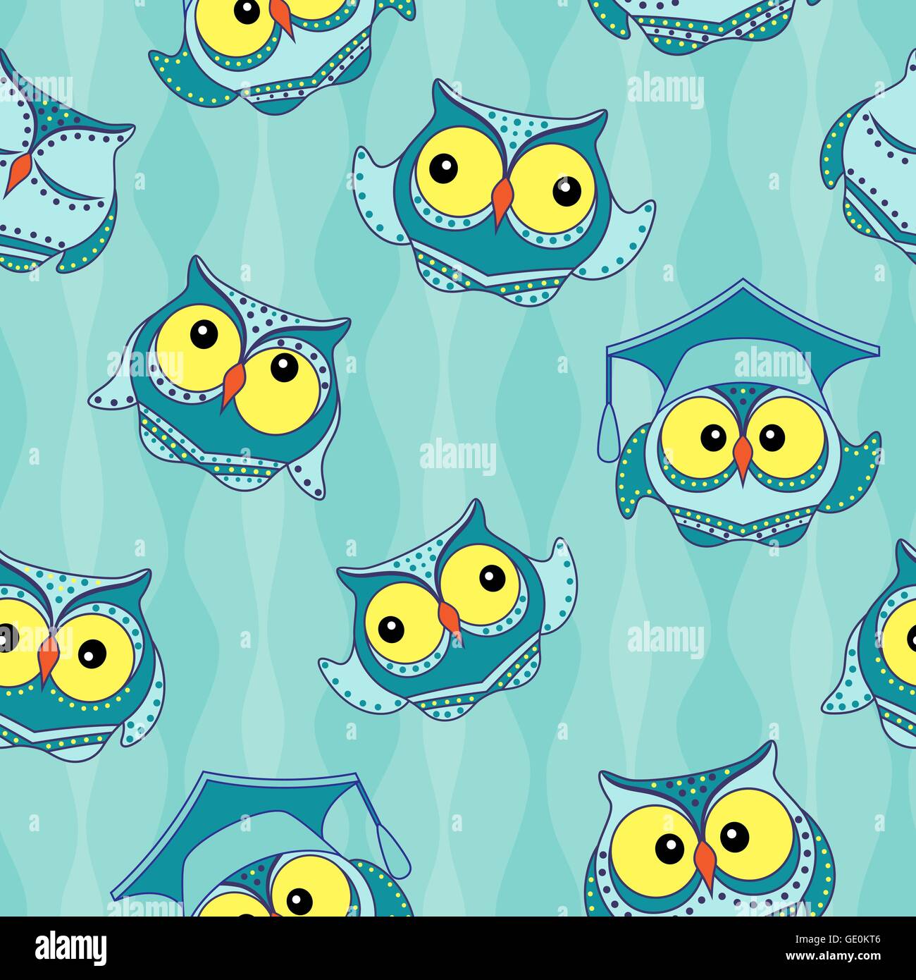 Amusing blue owls with big yellow eyes on the light blue wavy ...