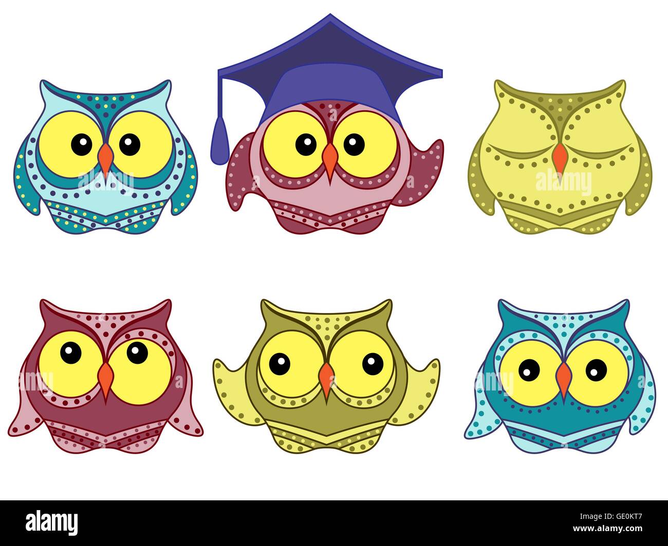 Set of six amusing colorful vector owls isolated on the white ...