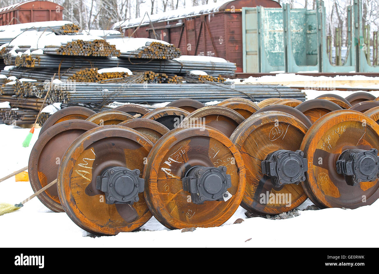 Railcar wheels on the axles of the wheelset as the element Stock Photo ...