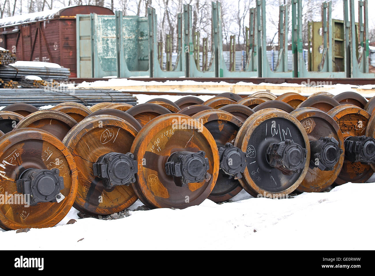 Railcar wheels on the axles of the wheelset as the element Stock Photo ...