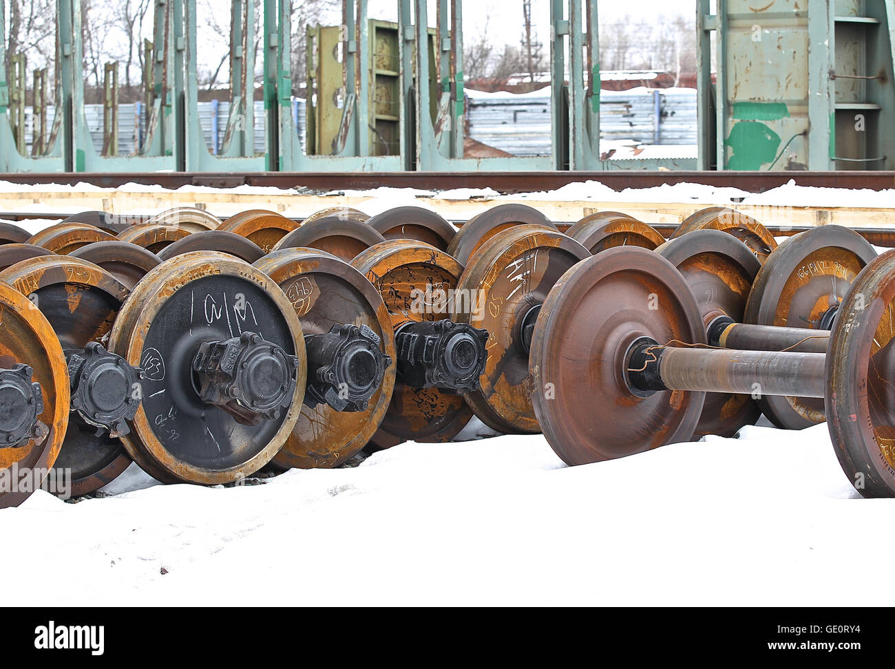 Railcar wheels on the axles of the wheelset as the element Stock Photo ...