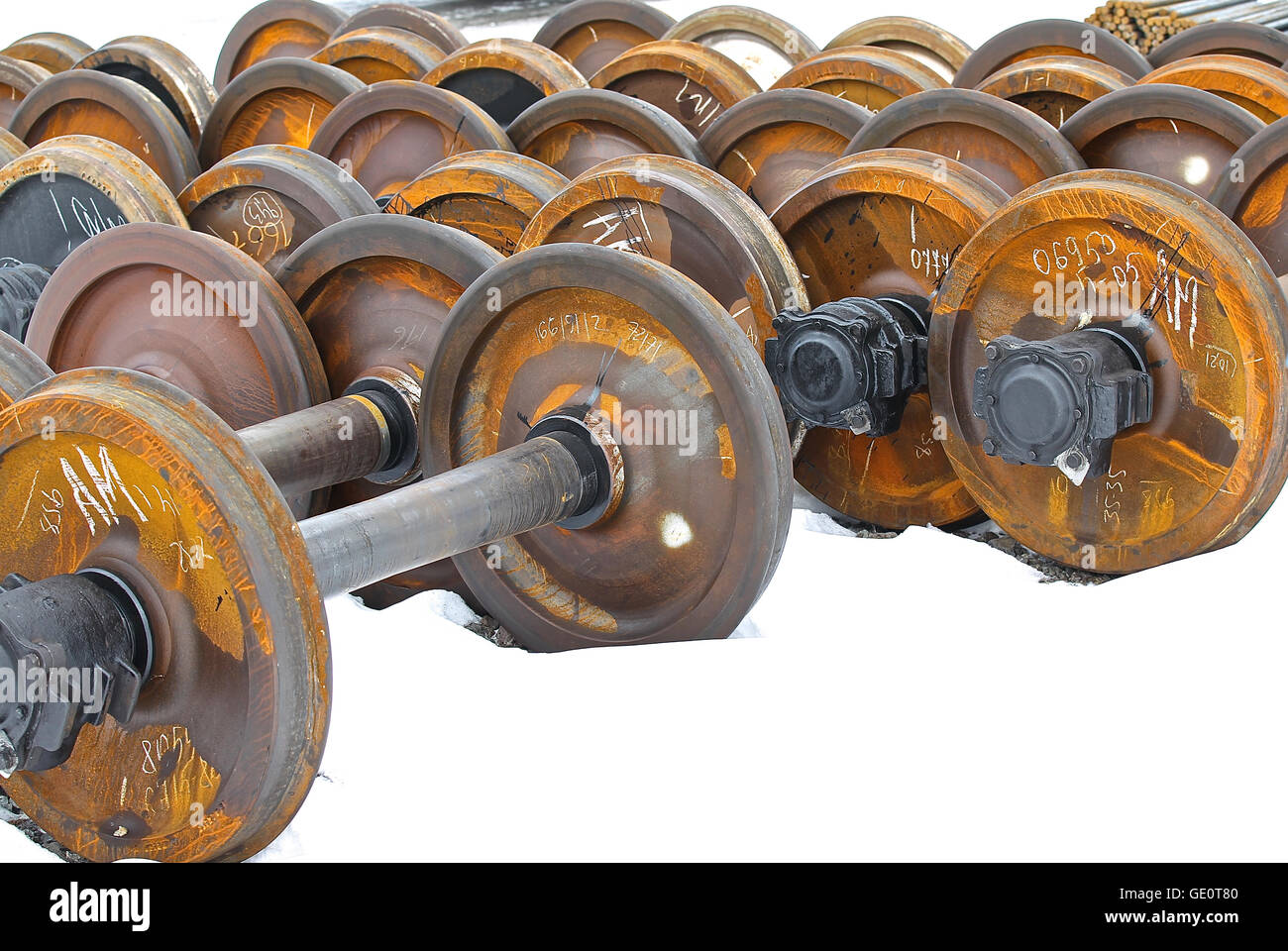 Railcar wheels on the axles of the wheelset as the element Stock Photo ...