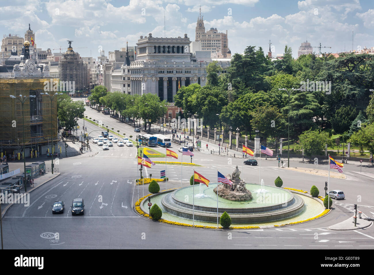 Aerial view of Cibeles fountain at Plaza de Cibeles in Madrid in a hot ...