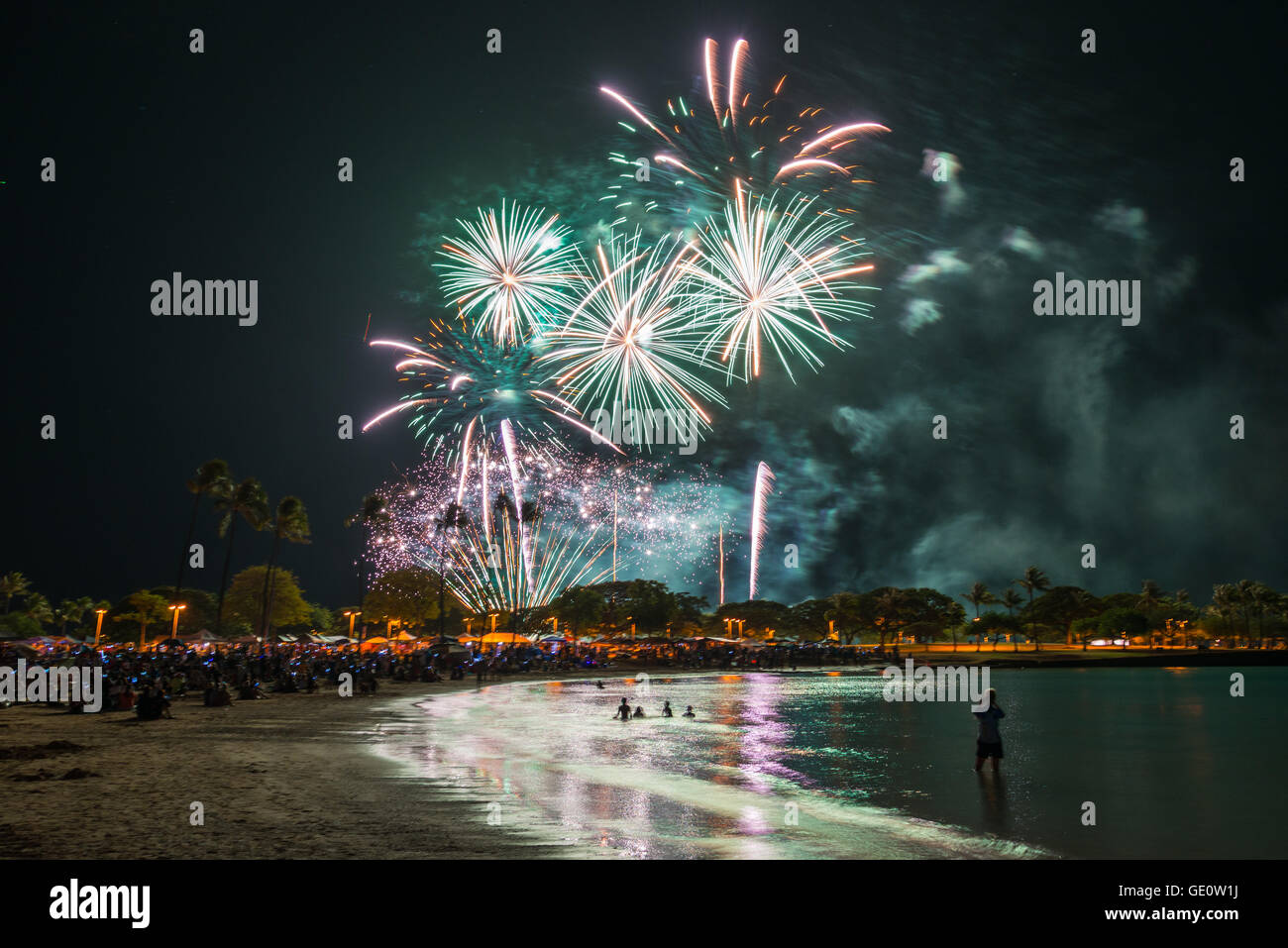 Fireworks in the night sky over Honolulu, Hawaii Stock Photo - Alamy