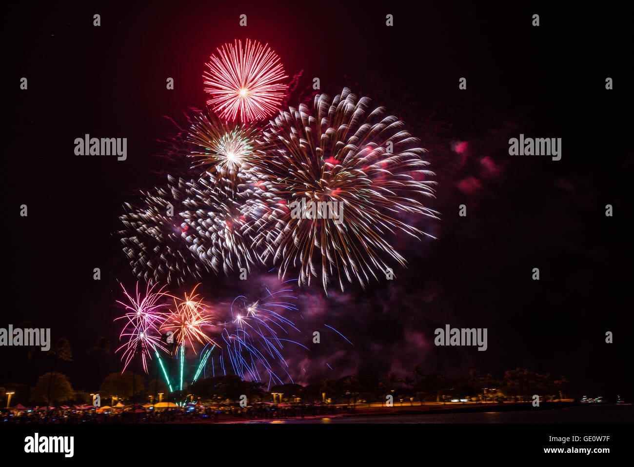Fireworks in the night sky over Honolulu, Hawaii Stock Photo - Alamy