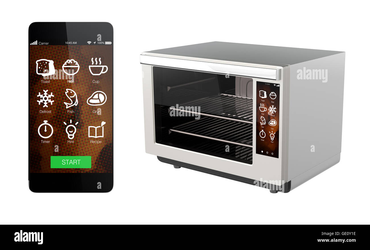 Electric oven and smart phone isolated on white background. Using smart ...