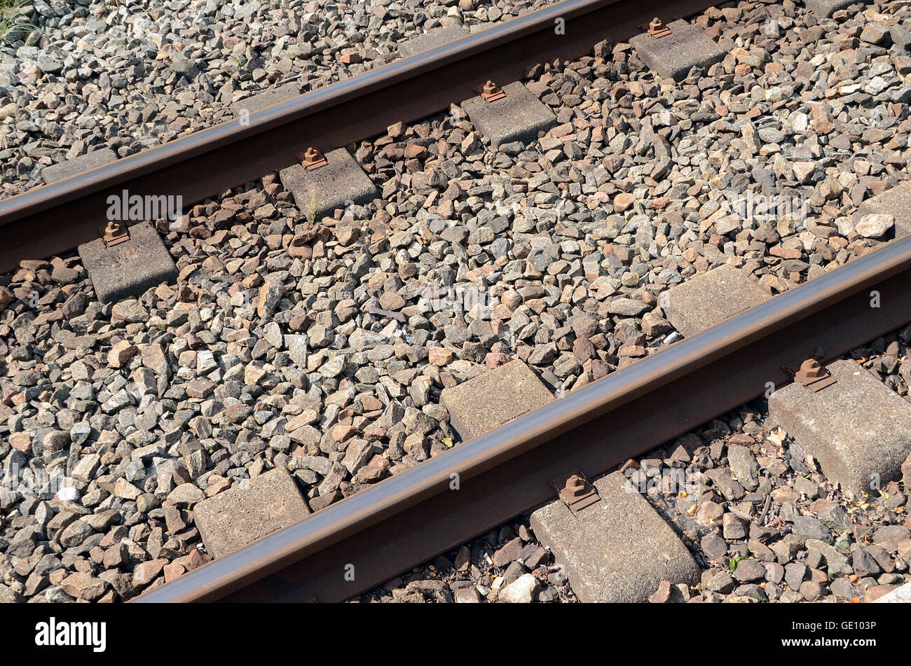 Railway Rails seen as isolated item. The sleepers are of duoblock type ...