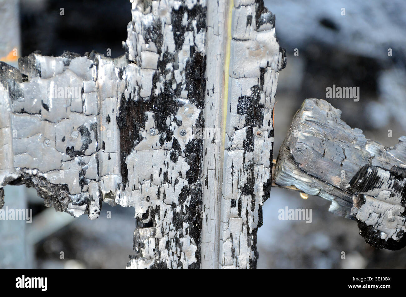 Wood construction after a fire. The wood construction has been charred ...