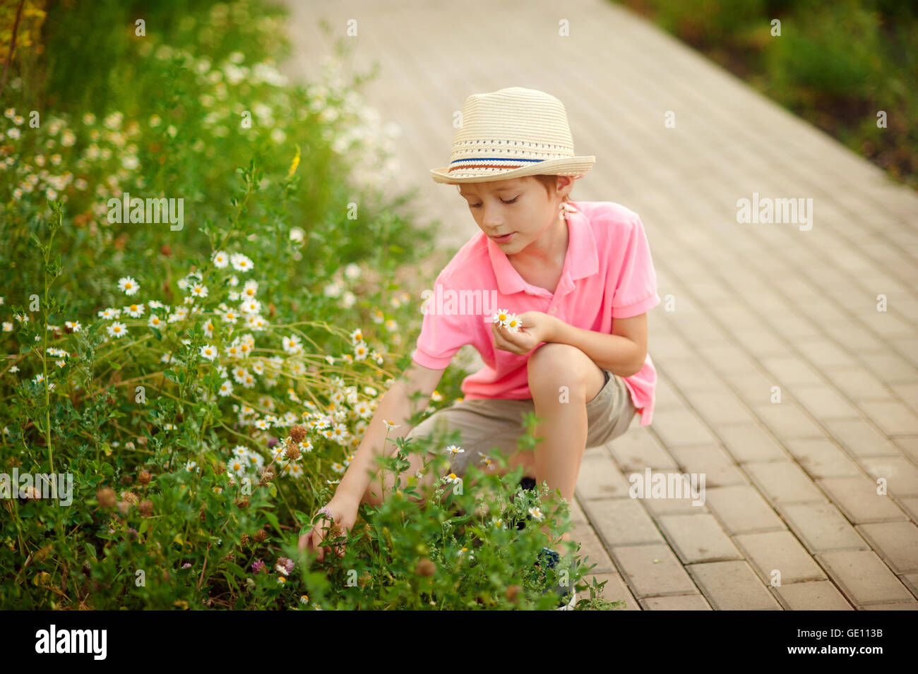 boy sitting in the flowers in the spring Stock Photo - Alamy