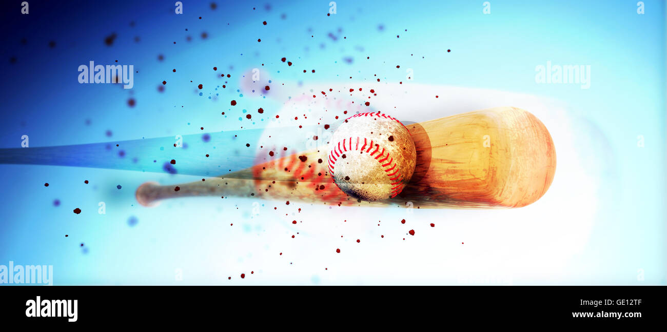 wooden baseball bat hitting a ball isolated on blue background Stock ...