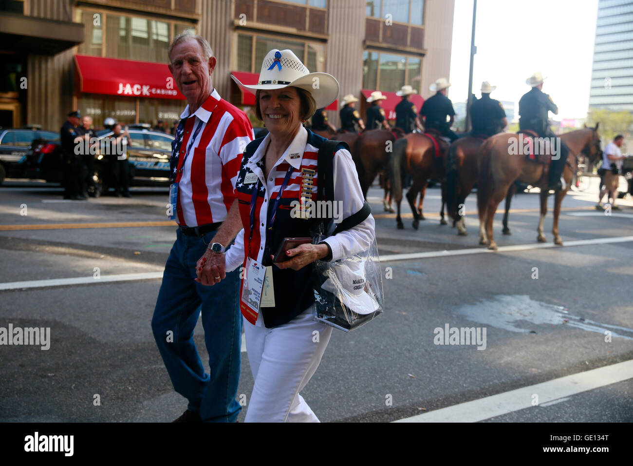07202016 - Cleveland, Ohio, USA: A woman dressed in Texas colors, and a ...
