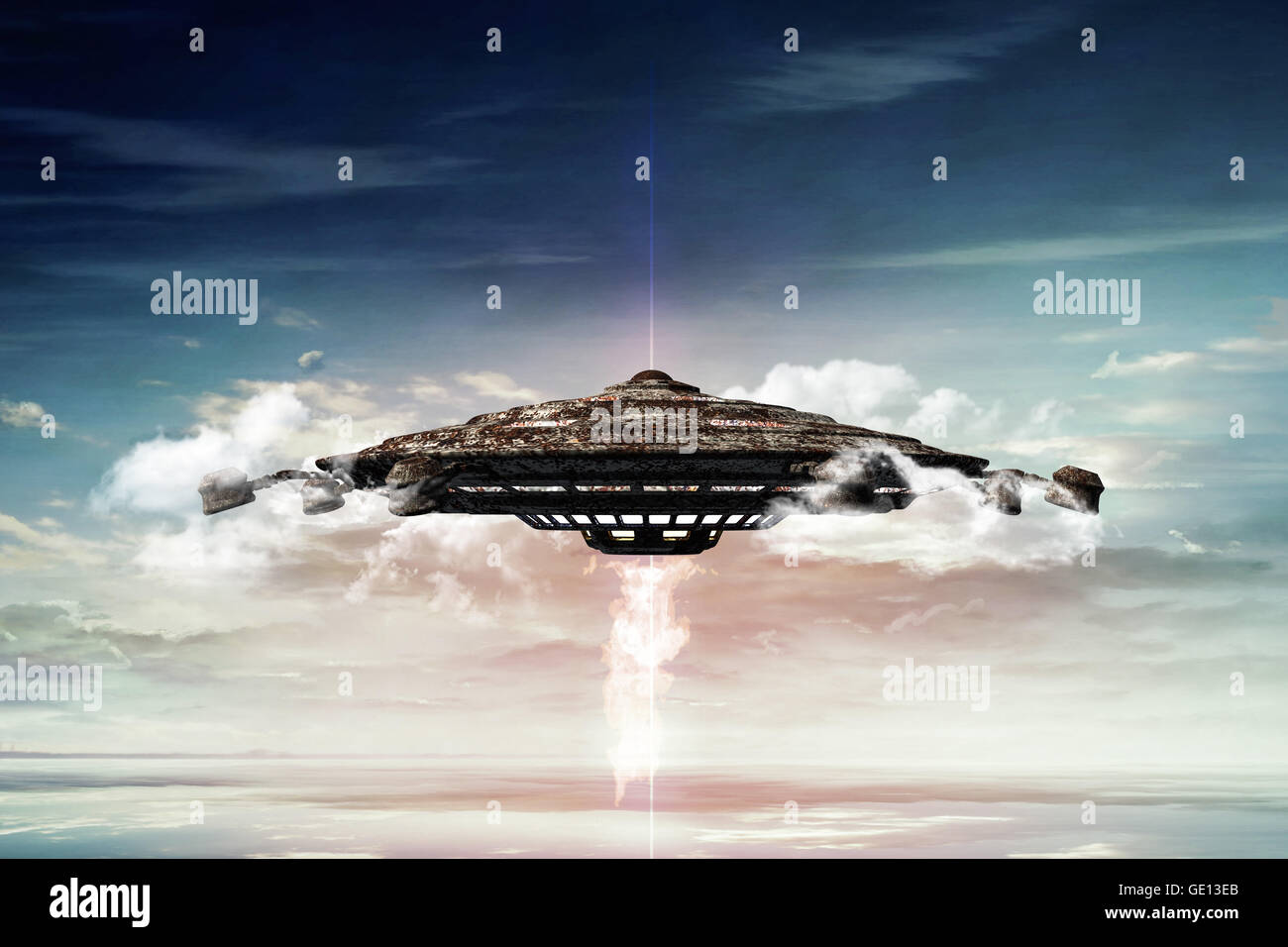 3d illustration of a rusty spaceship in the sky Stock Photo - Alamy