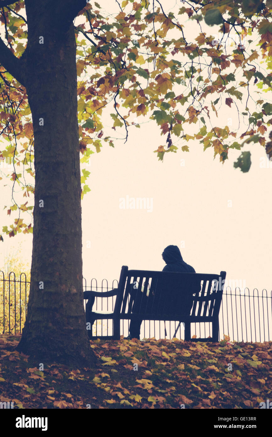 Man sitting alone on the bench on a cloudy, rainy autumn day Stock ...