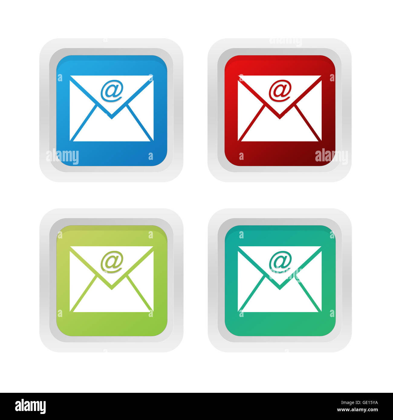 Set of squared colorful buttons with email symbol in blue, green and ...