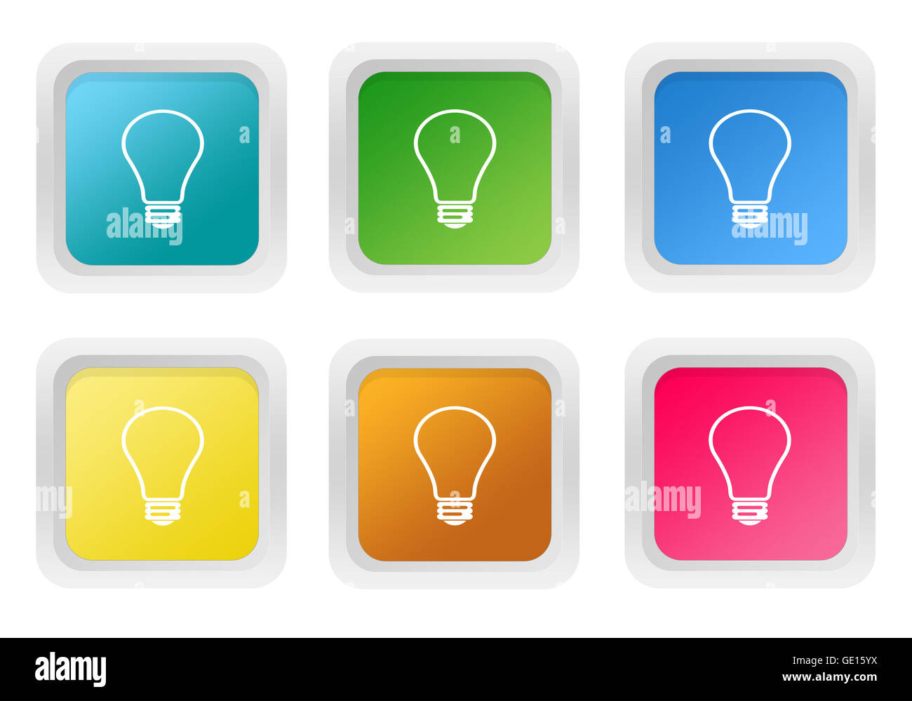 Set of squared colorful buttons with bulb symbol in blue, green, yellow ...