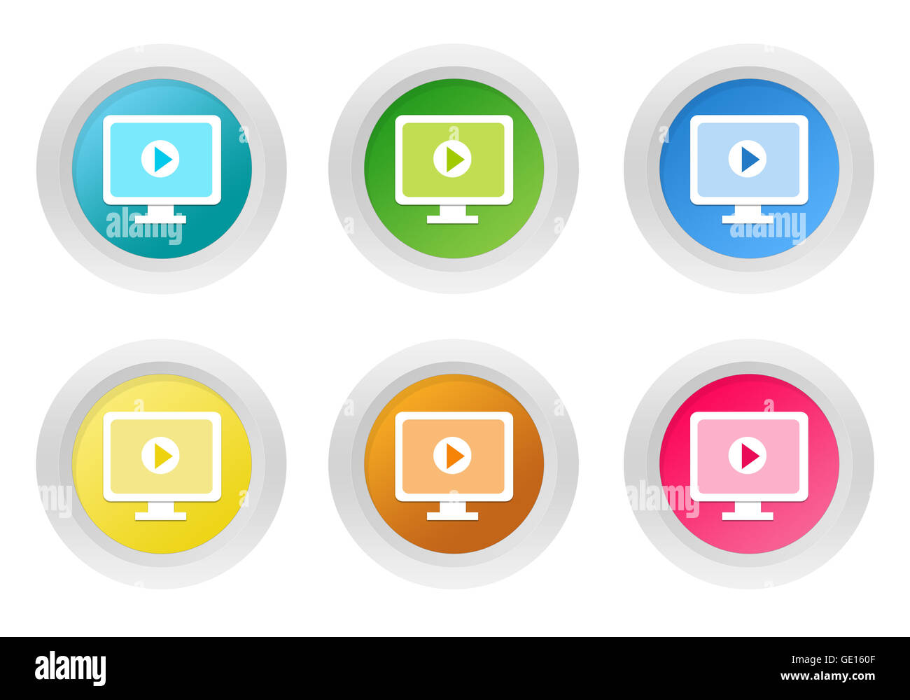 Set of rounded colorful buttons with screen symbol in blue, green ...