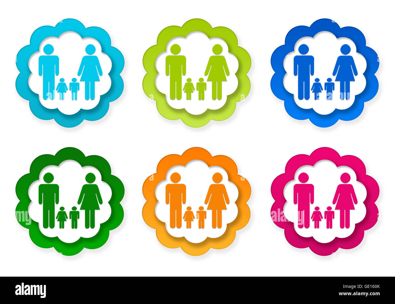 Set of colorful stickers icons with family symbol in blue, green, pink ...