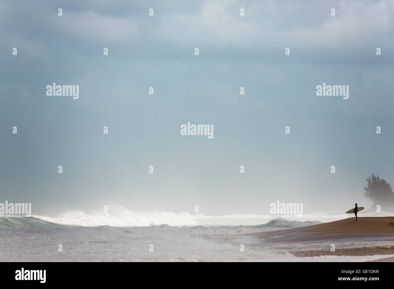 Surfer standing on beach with surfboard, Oahu, Hawaii, United States ...