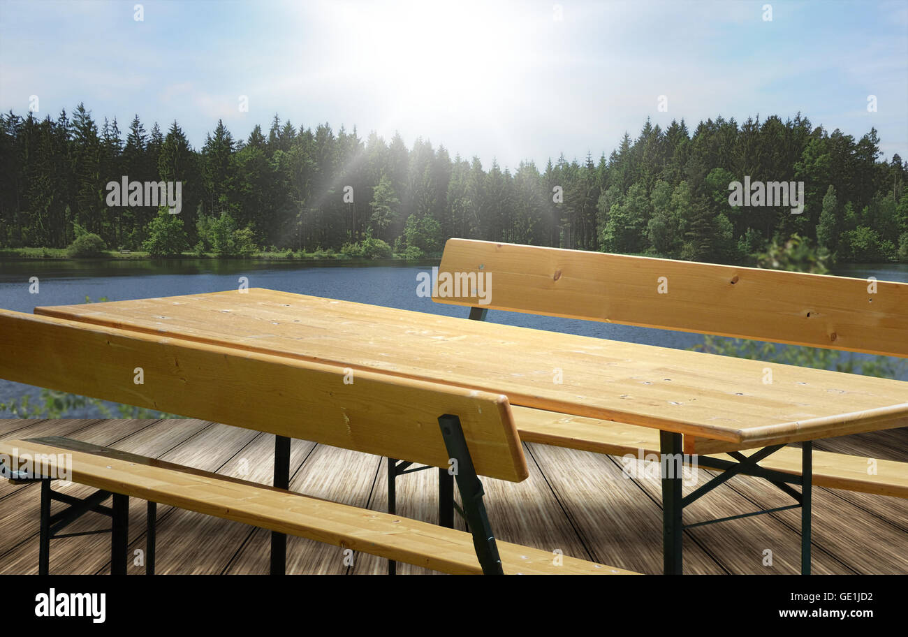 Beer bench set table and bench with backrest Stock Photo - Alamy