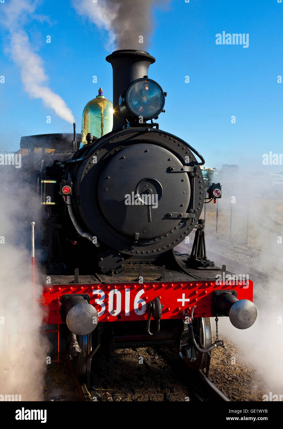 Vintage steam train makes steam alongside platform at railway station ...