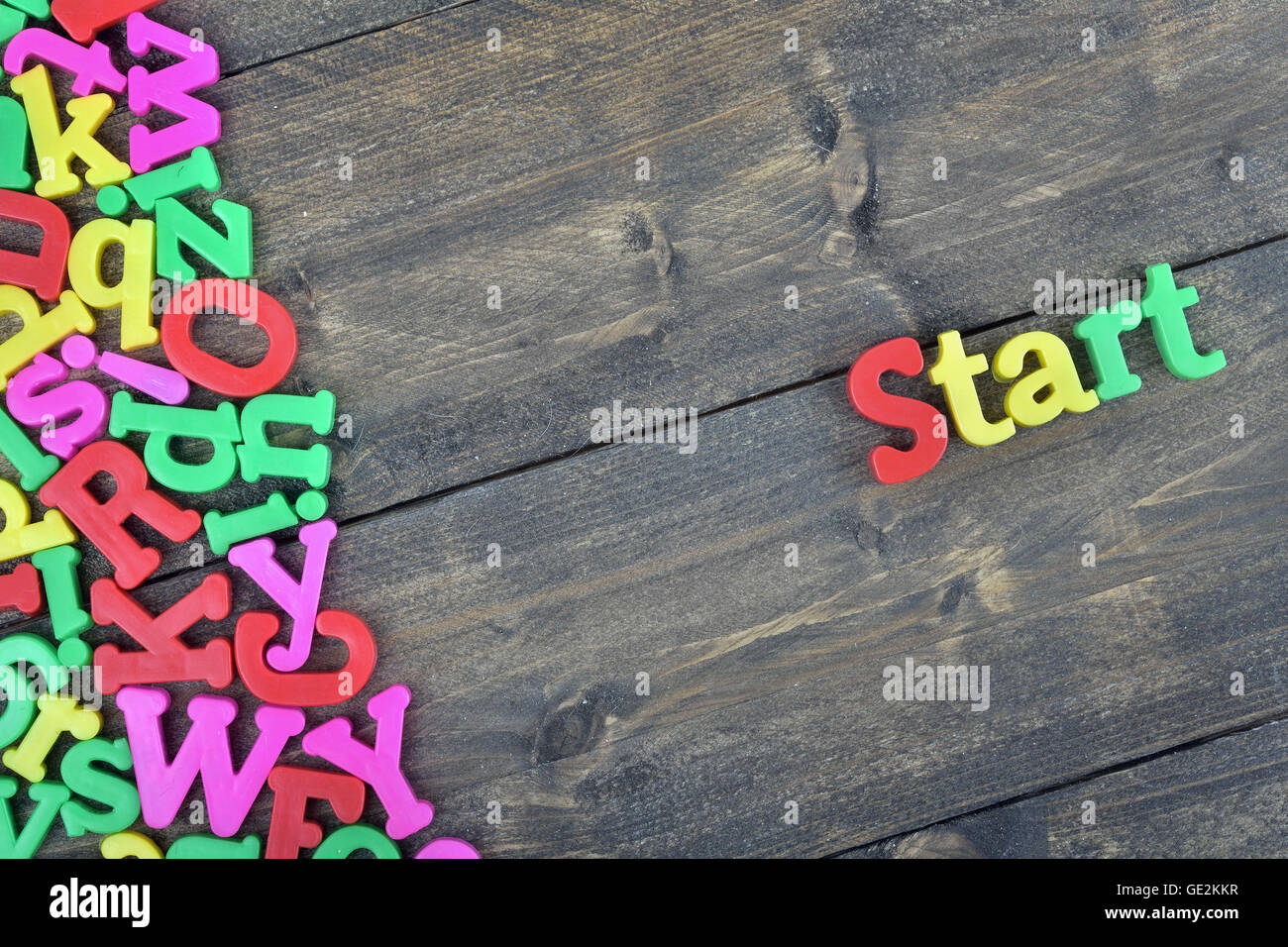 Start word on wooden table Stock Photo - Alamy