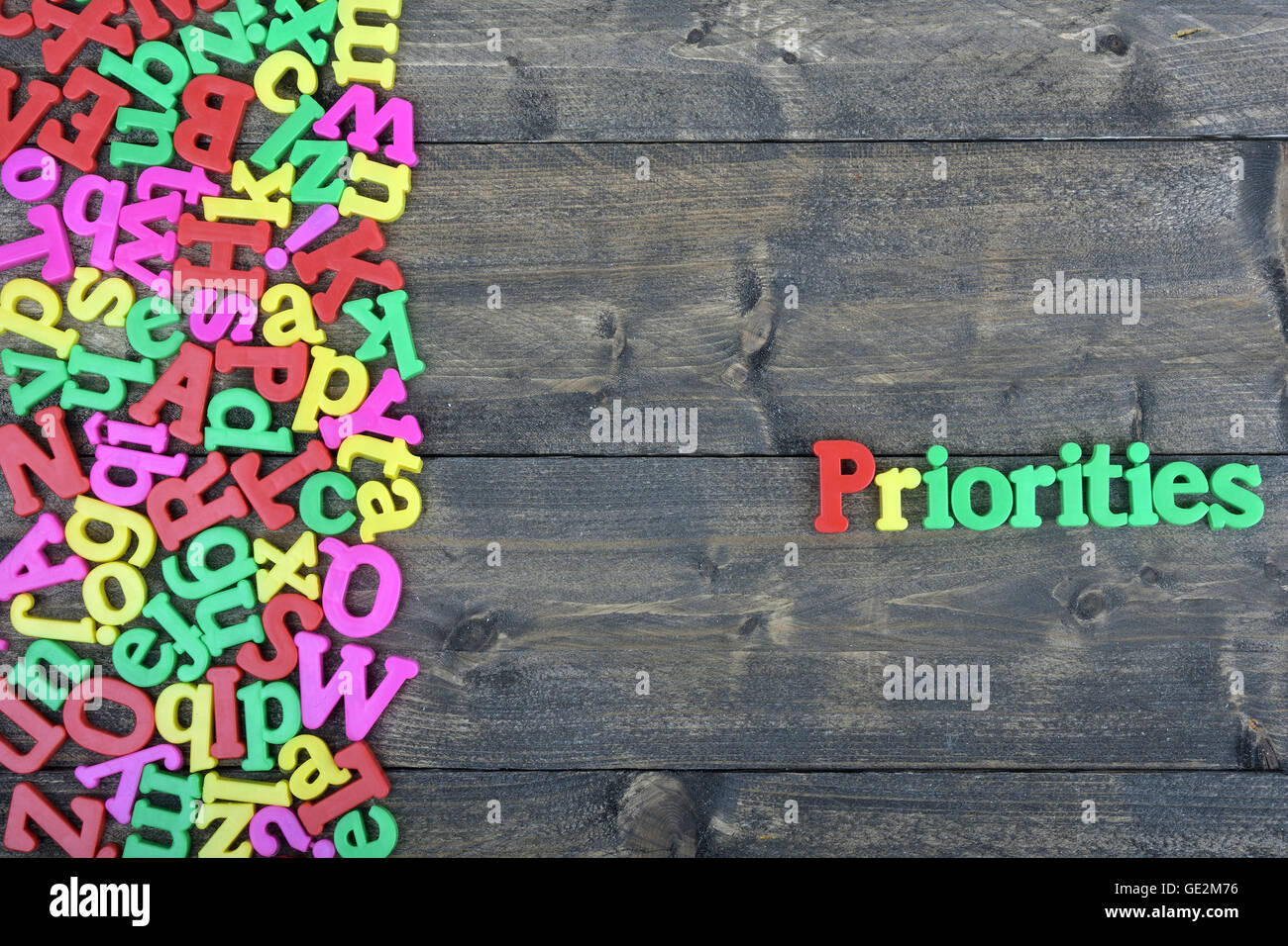 Priorities word on wooden table Stock Photo - Alamy