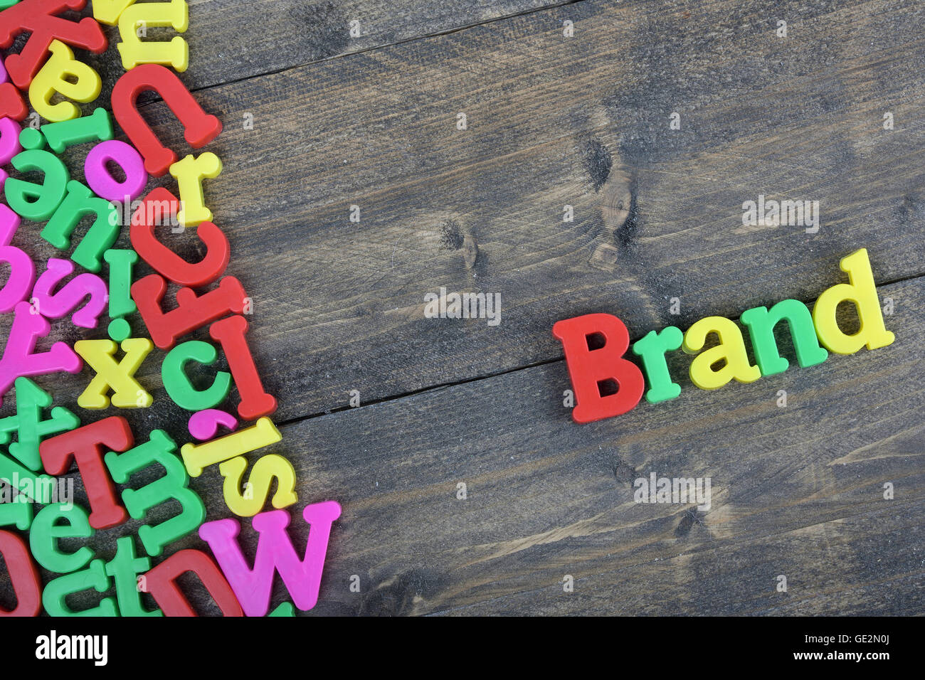 Brand word on wooden table Stock Photo - Alamy