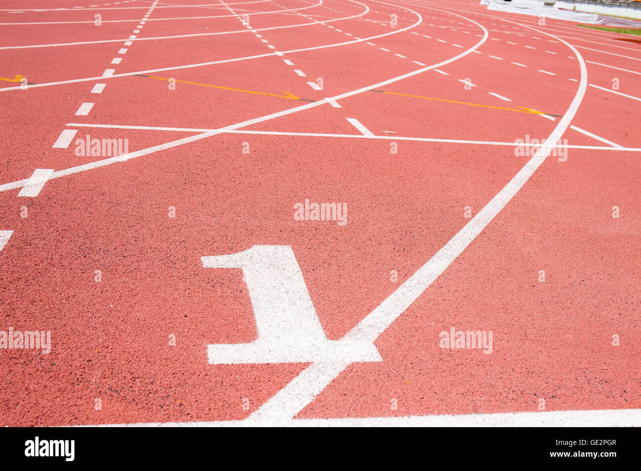Red treadmill at the stadium with the numbering from one Stock Photo ...