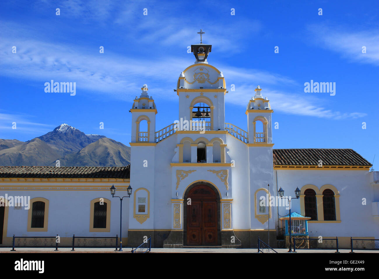 A Catholic Church in Quiroga, Ecuador, with the volcano, Mount ...