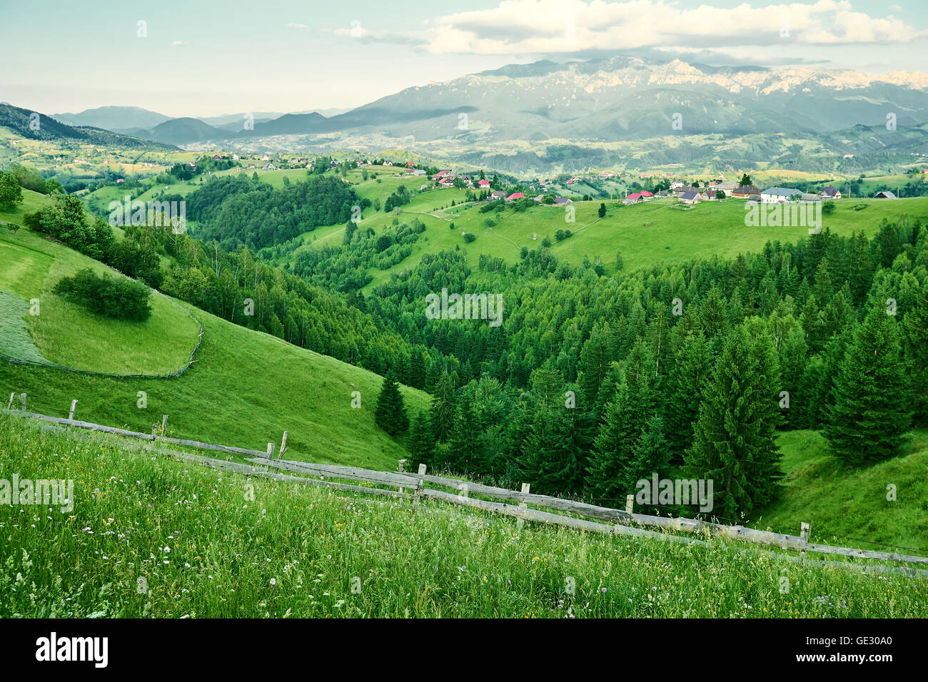 Nature landscape view, with green fields, forest and a small village ...