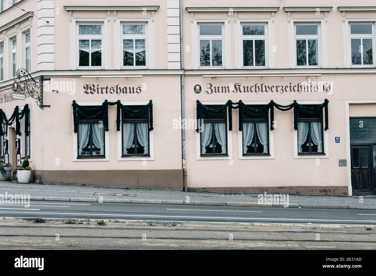 Munich, Germany - May 05, 2015: Facade of a typical restaurant in ...