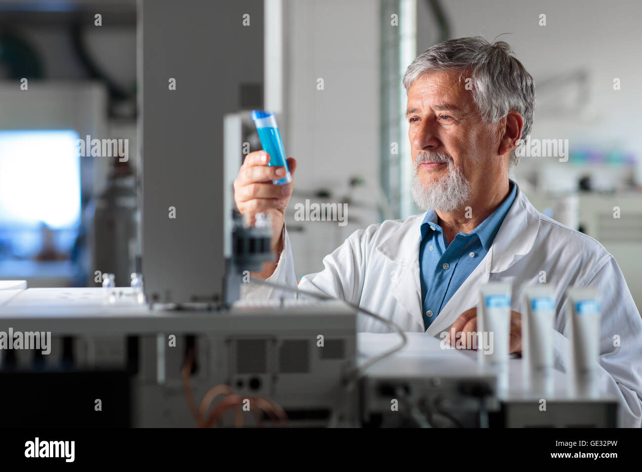 Senior chemistry professor/doctor in a lab (color toned image Stock ...