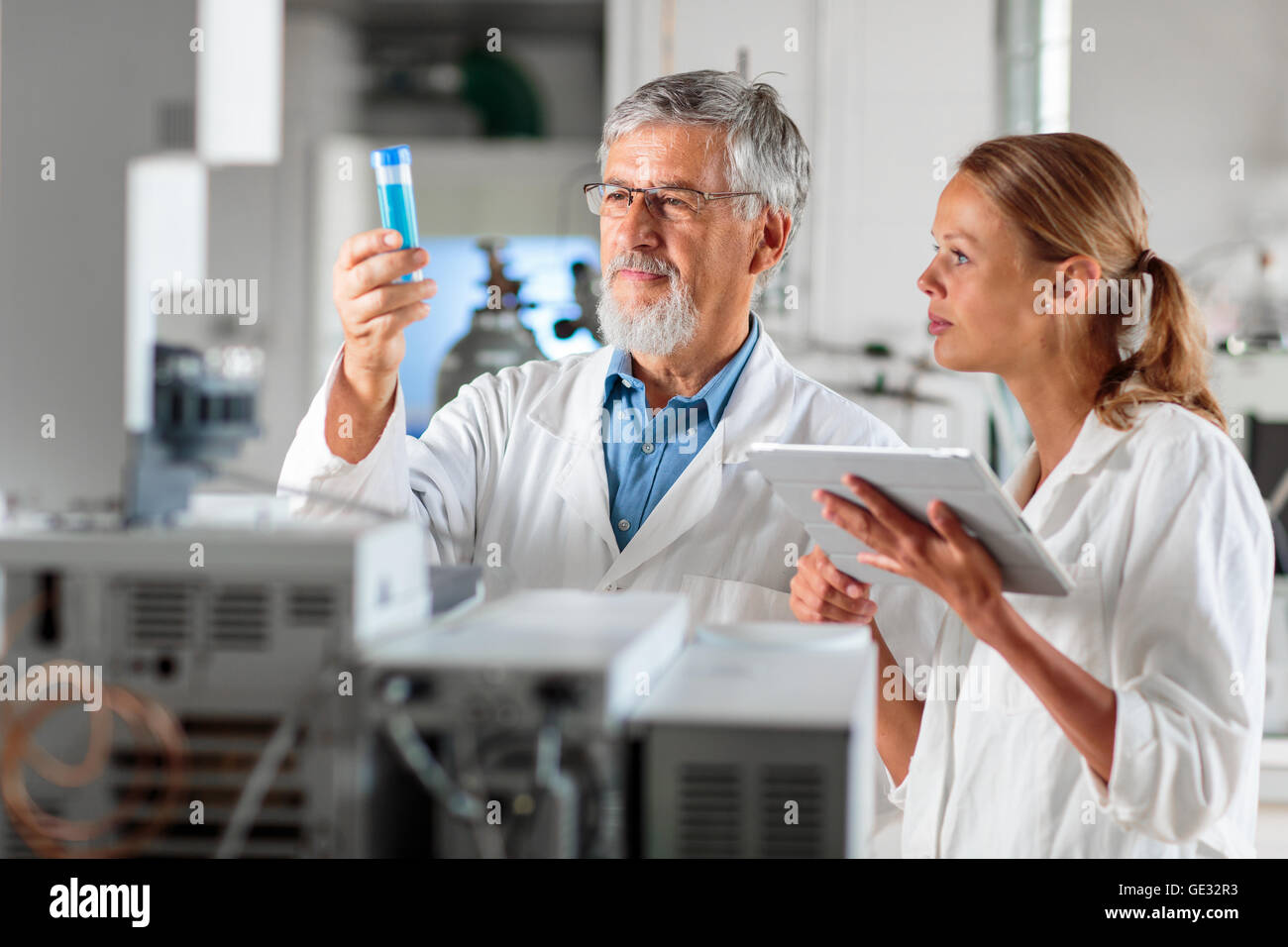 Senior chemistry professor/doctor in a lab (color toned image Stock ...