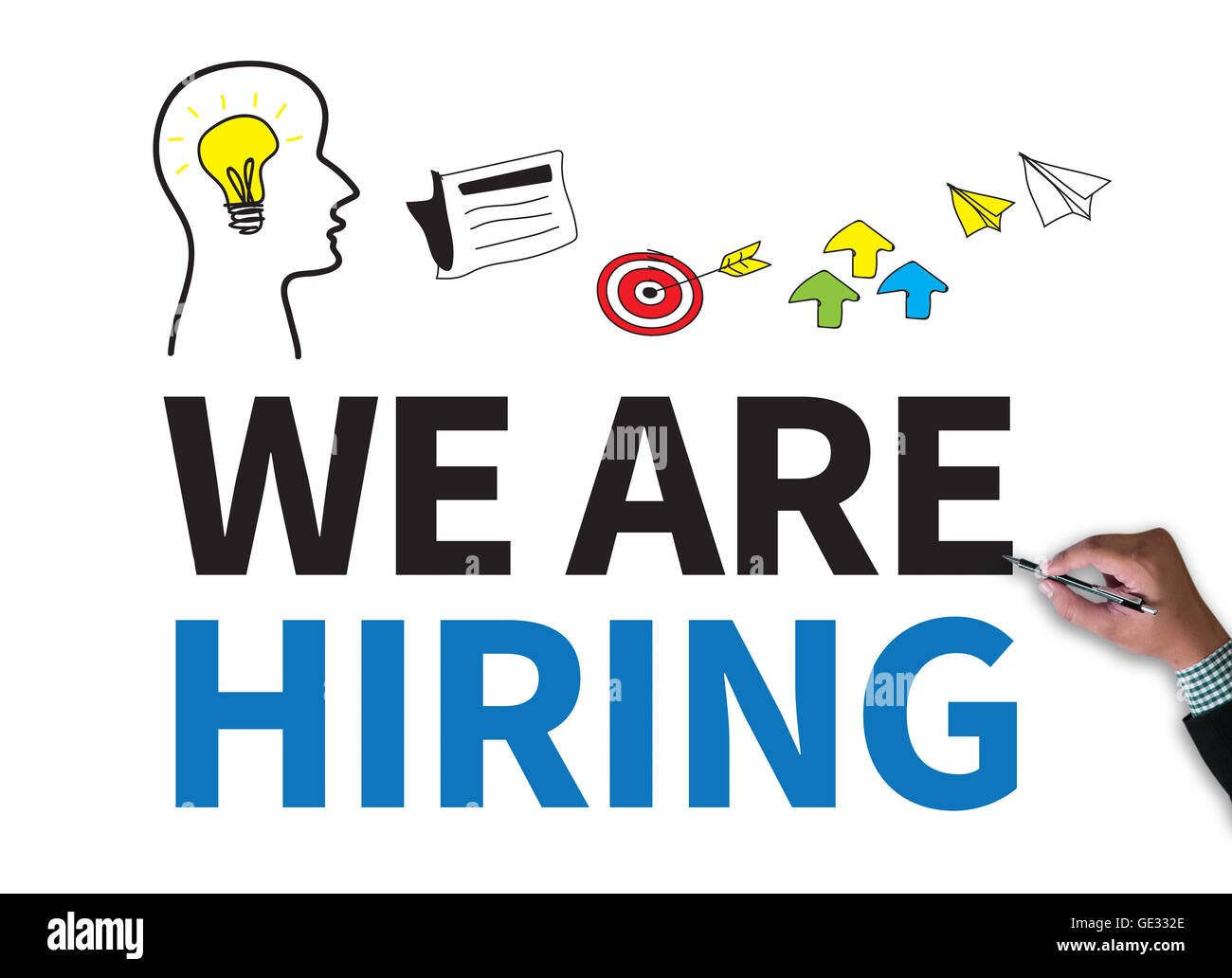 WE ARE HIRING businessman work on white broad, top view Stock Photo - Alamy