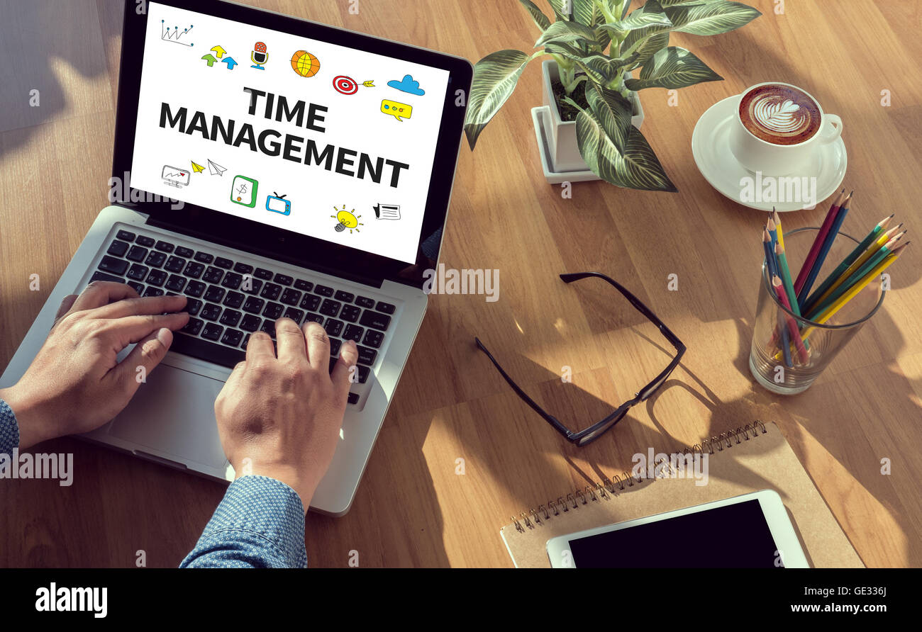TIME MANAGEMENT man hand on table Business, coffee, Split tone Stock ...