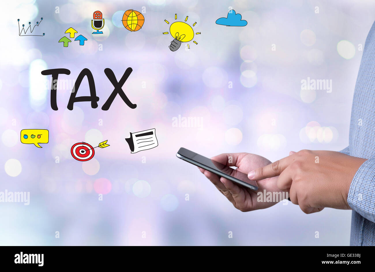 TAX person holding a smartphone on blurred cityscape background Stock ...