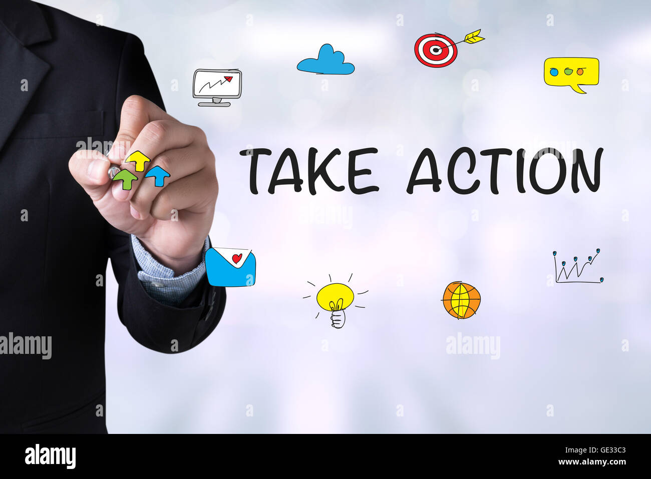 TAKE ACTION and Businessman drawing Landing Page on blackboard Stock ...