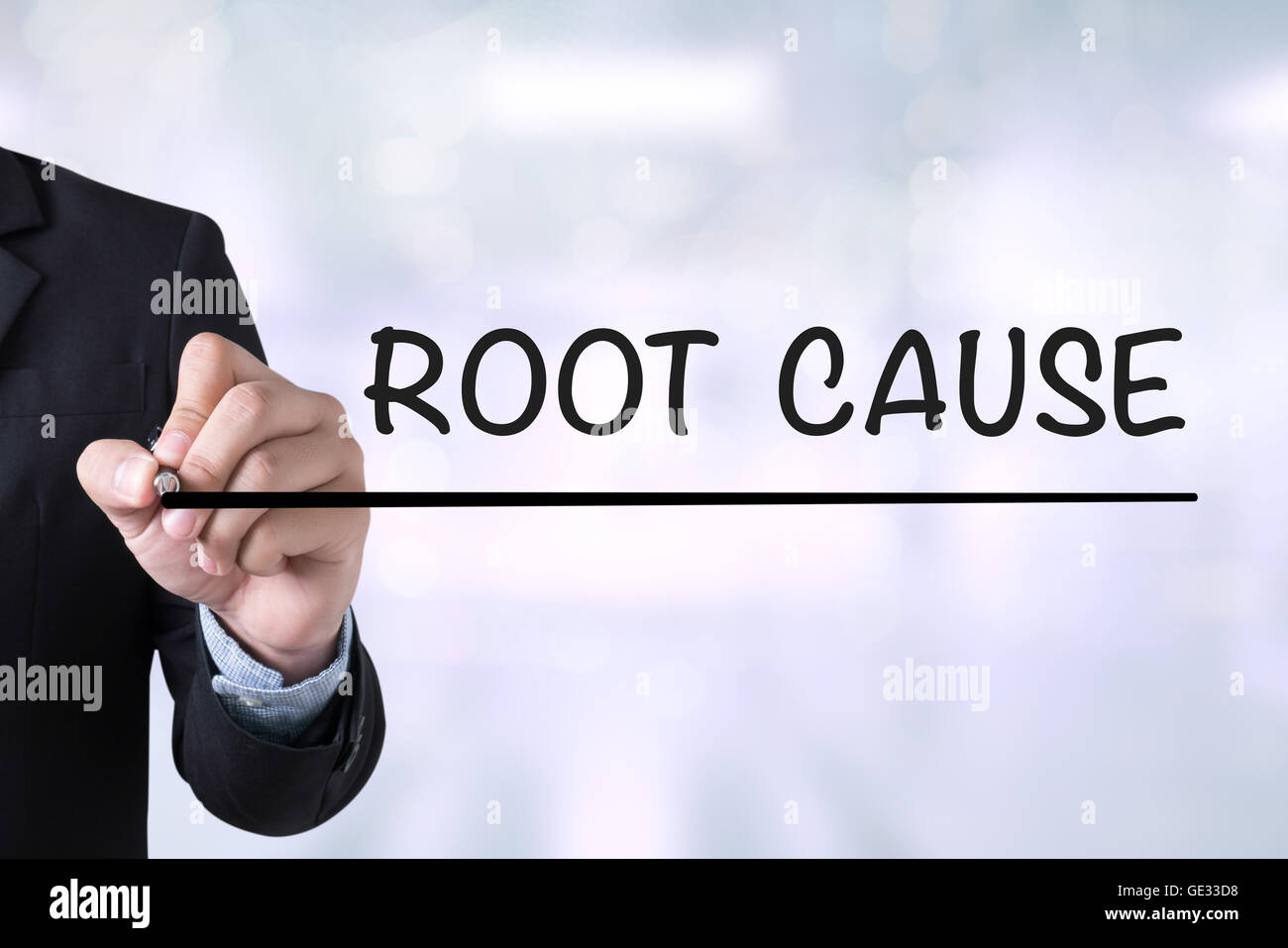 ROOT CAUSE Businessman drawing Landing Page on blurred abstract ...