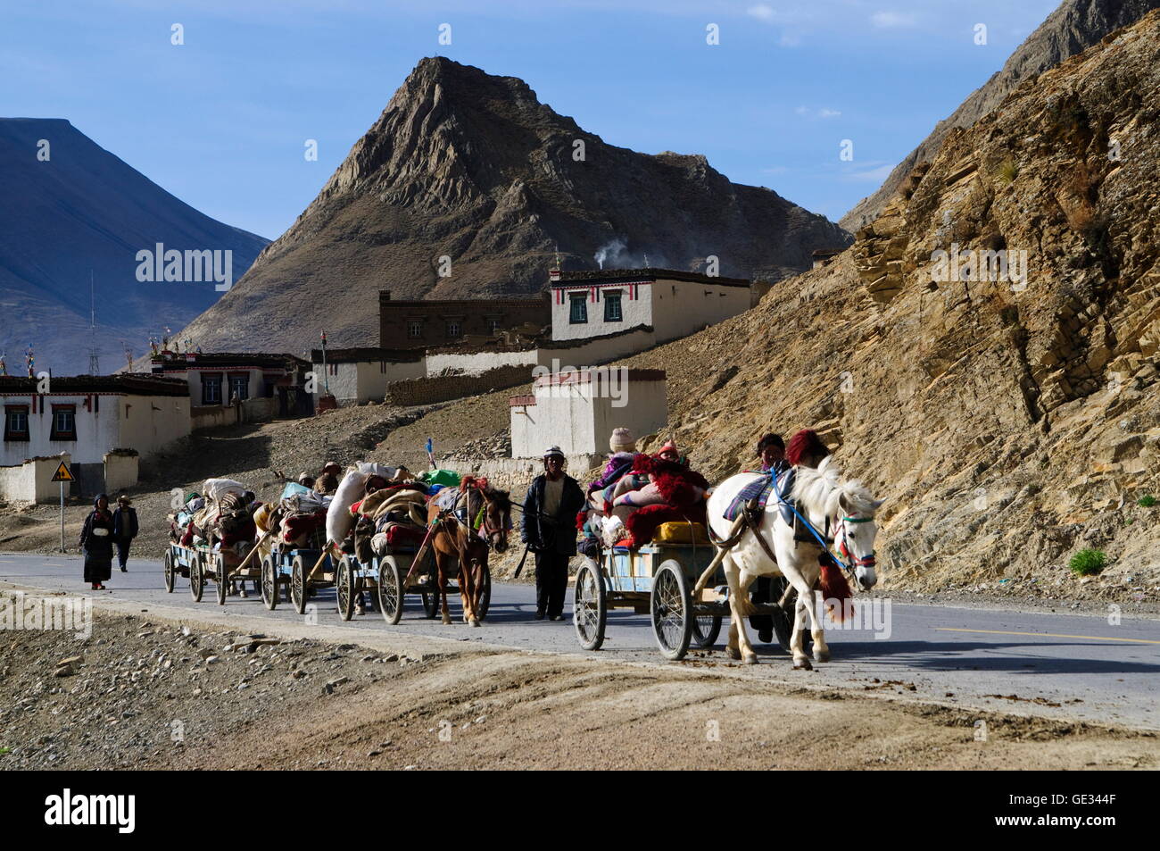 geography / travel, China, Tibet, Old Tingri, pilgrims with horses and ...