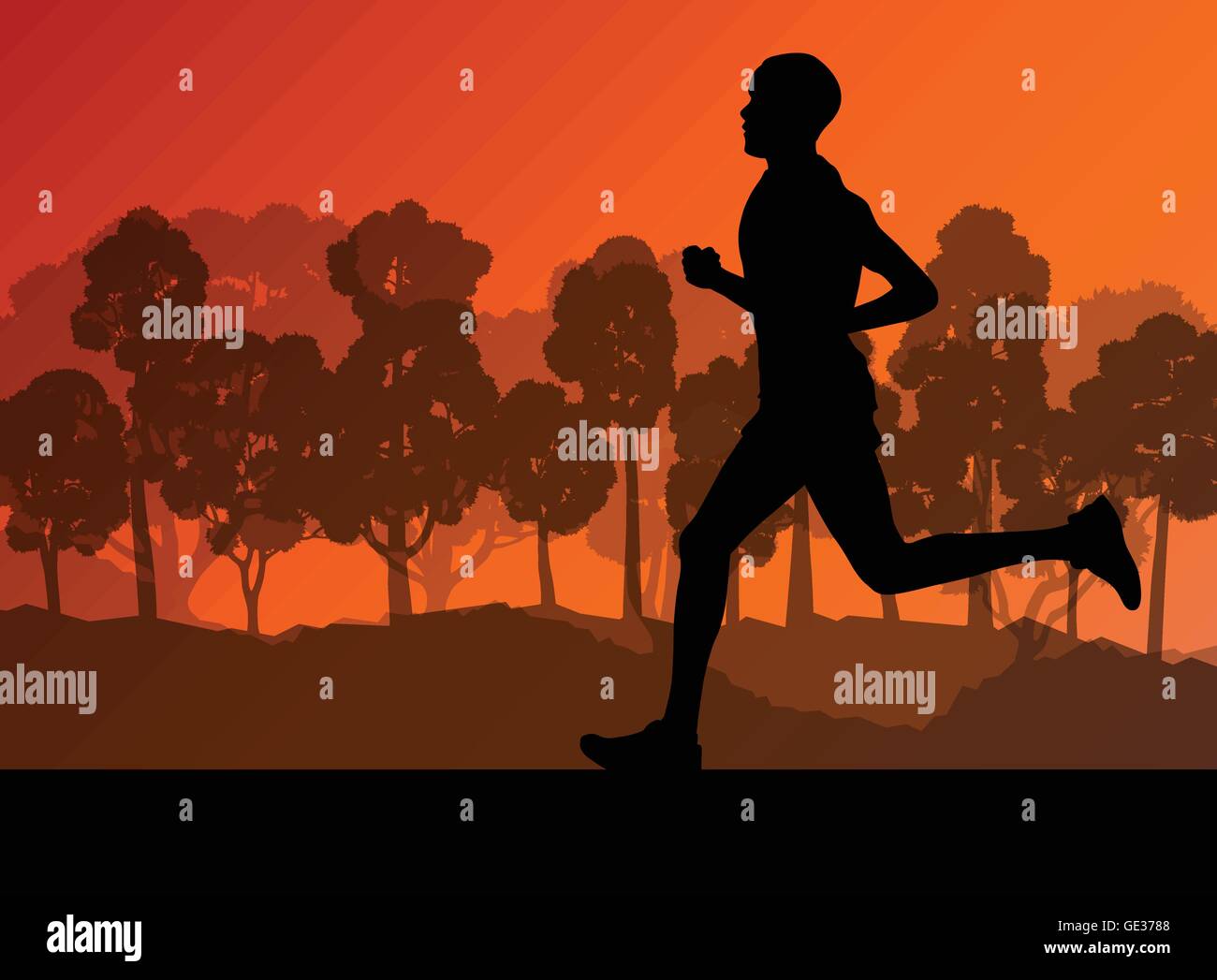 Runner in forest landscape vector background concept for poster Stock ...