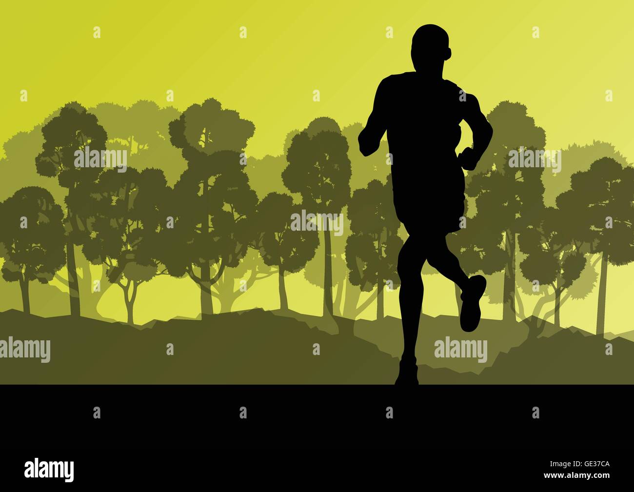Runner in forest landscape vector background concept for poster Stock ...