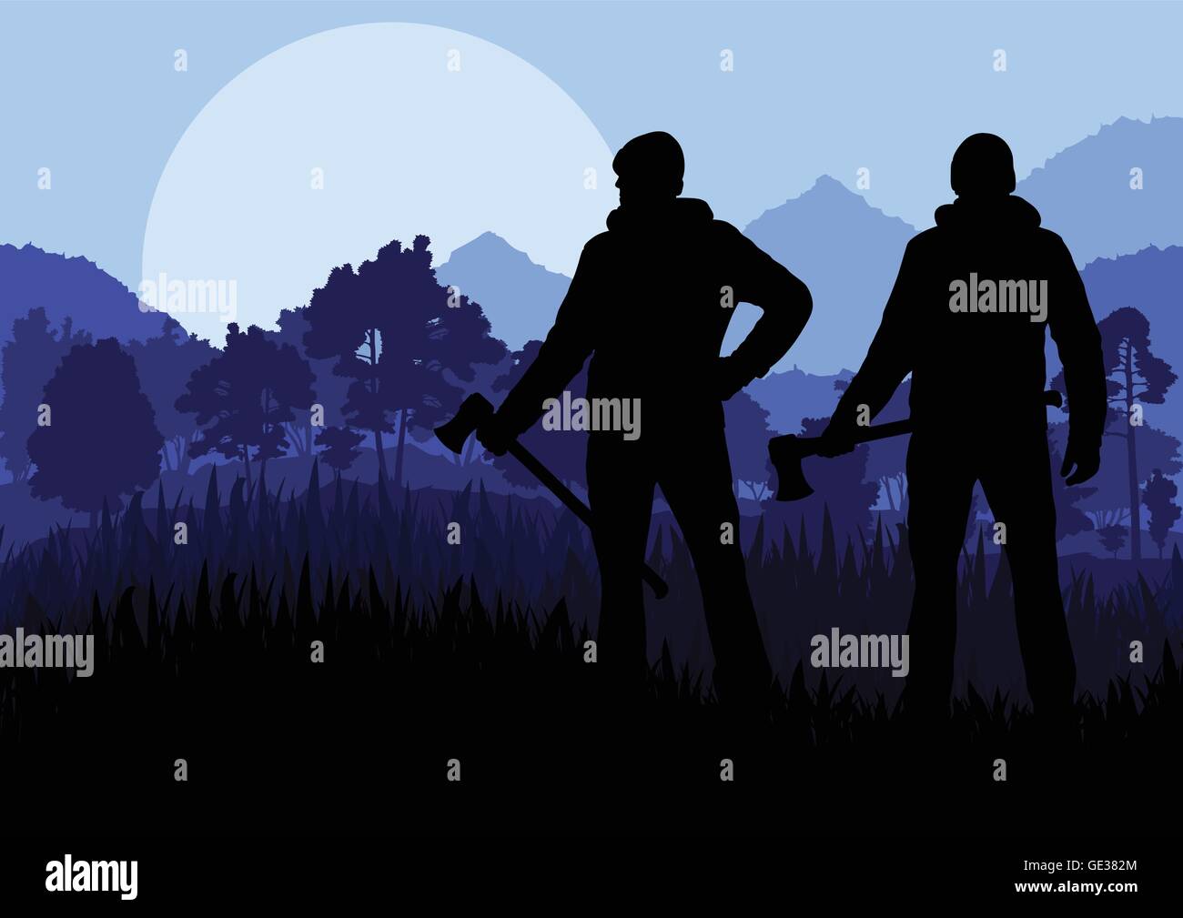 Loggers with axes in wild mountain forest nature landscape vector Stock ...