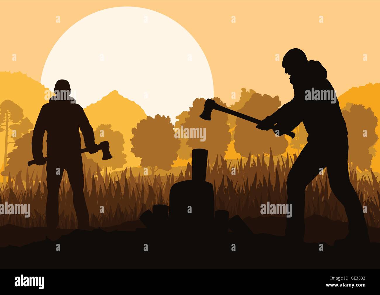 Loggers with axes in wild mountain forest nature landscape vector Stock ...
