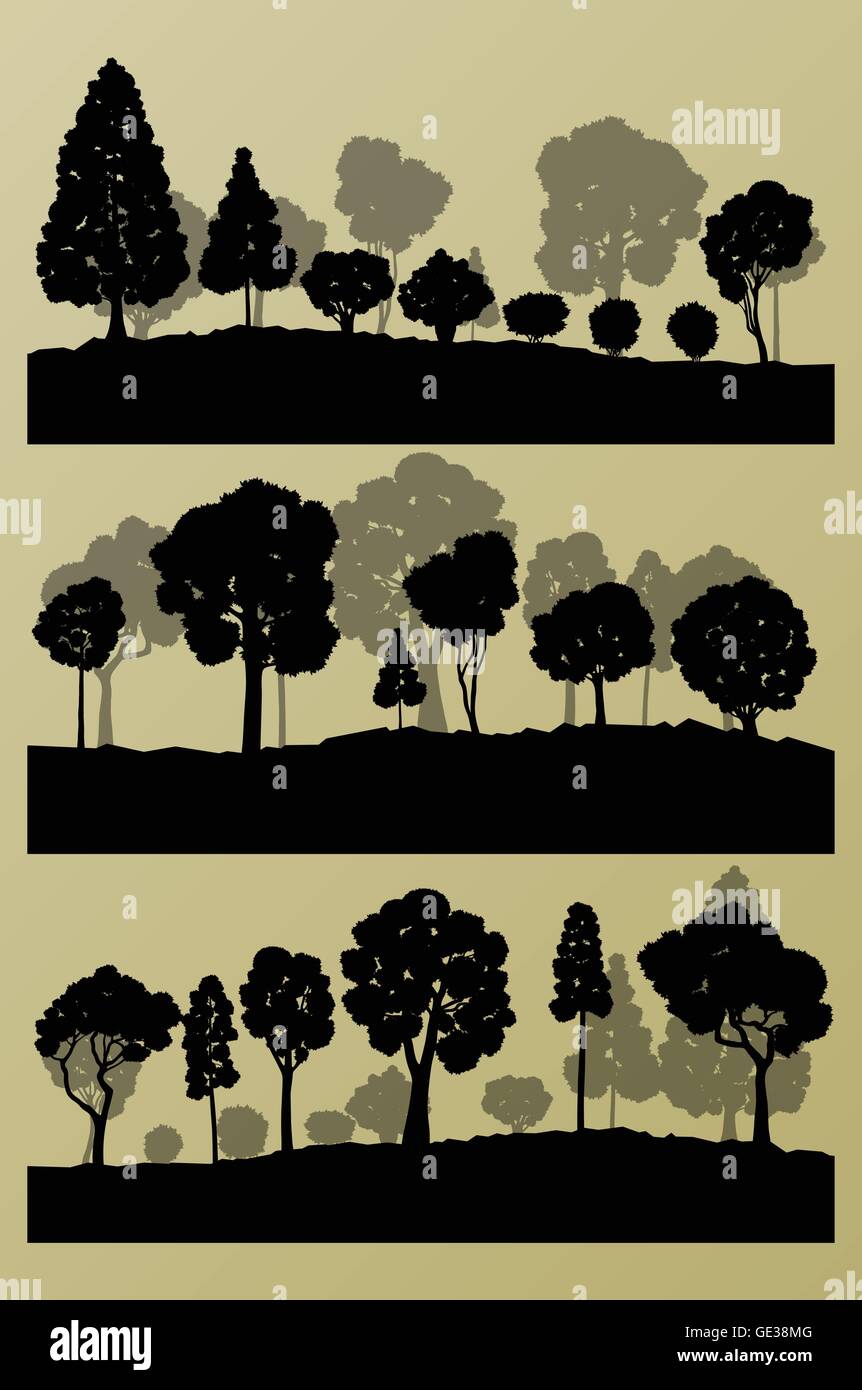Forest trees silhouettes landscape illustration collection background ...
