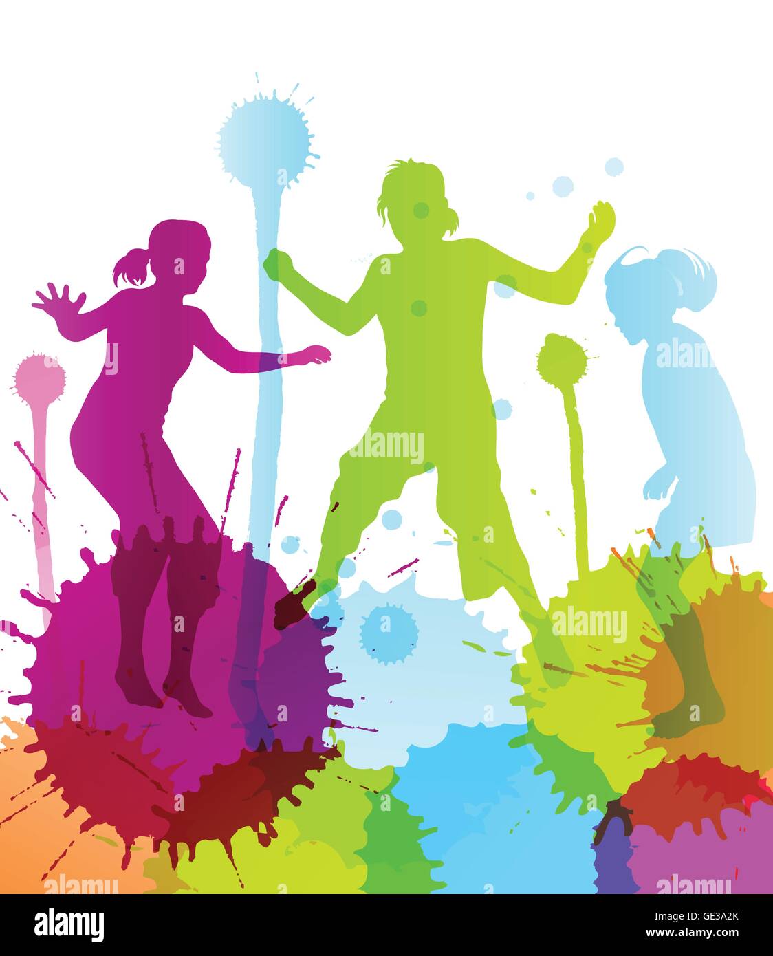 Kids jumping colorful bright ink splashes background vector Stock ...