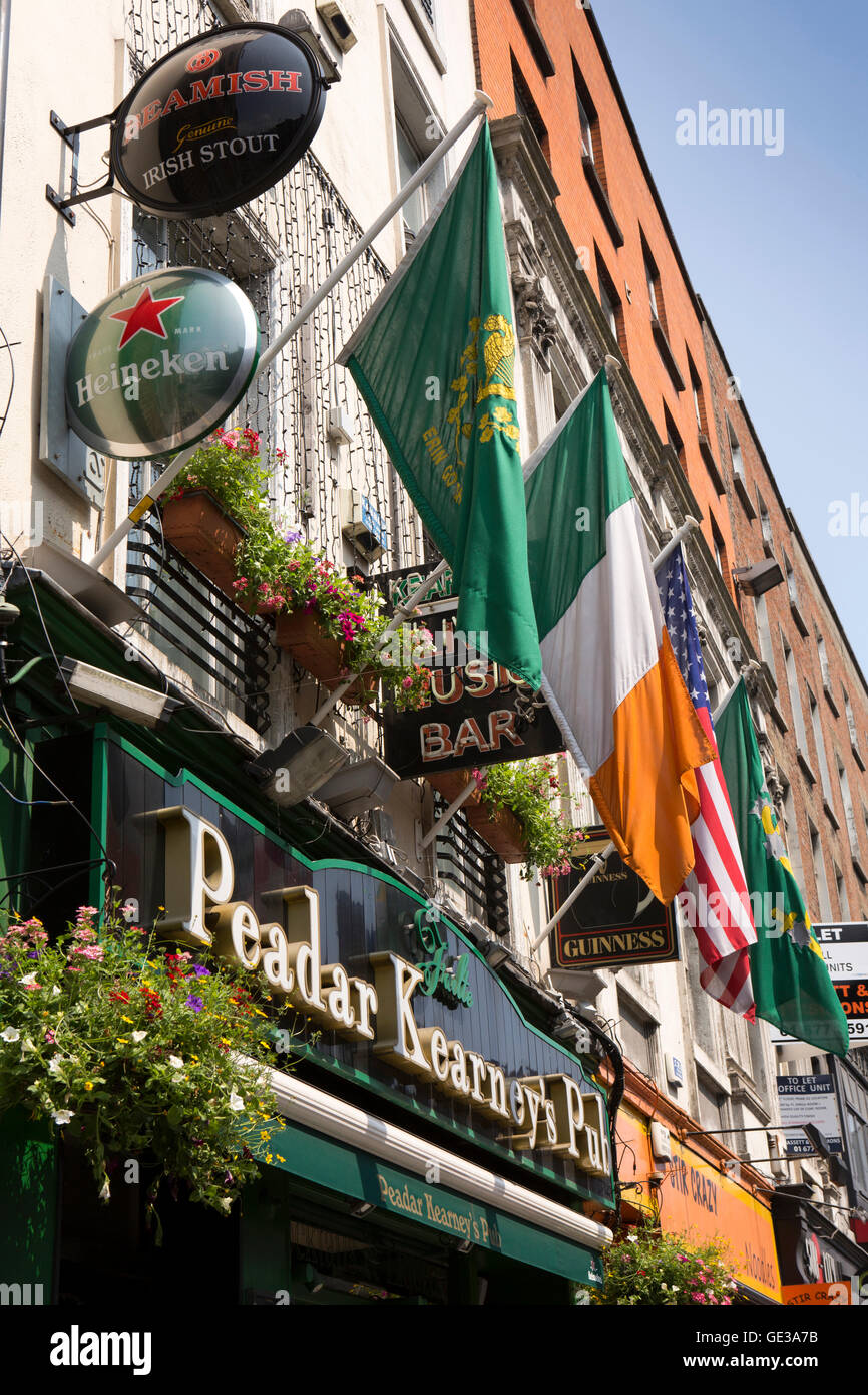 Ireland, Dublin, Dame Street, flags outside, Peadar Kearney’s Pub, live ...