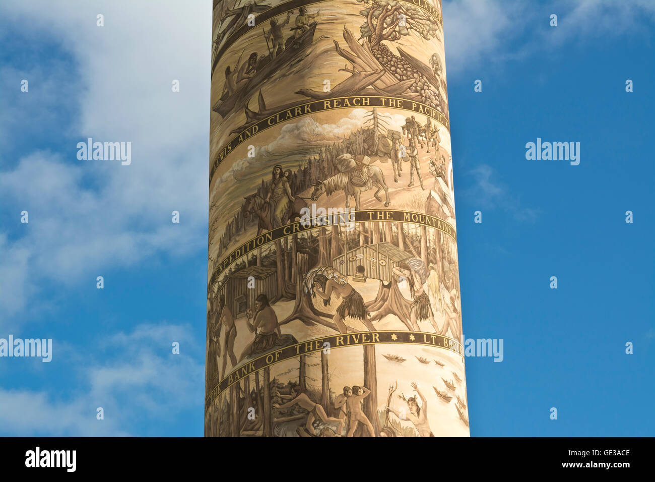 Detail closeup of artwork on the Astoria Column showing scenes from ...