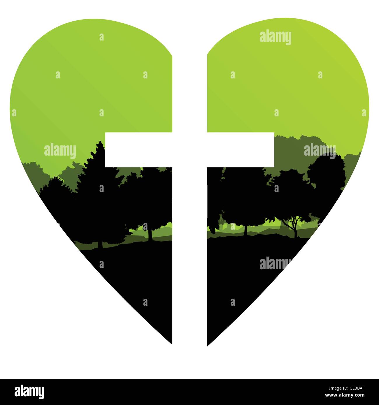 Cross heart tree landscape background vector abstract Christianity ...