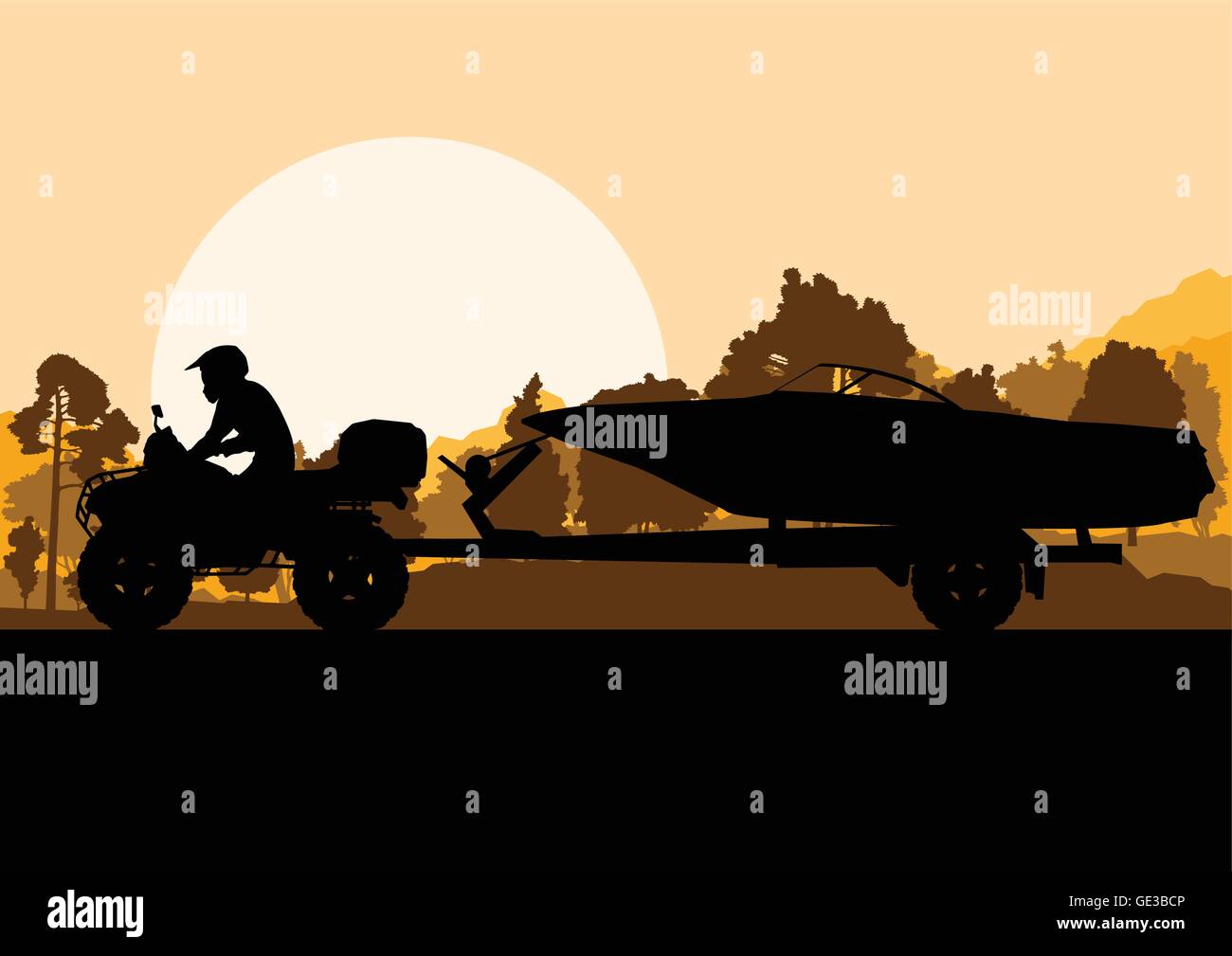 Yacht boat trailer vector background landscape with all terrain vehicle ...